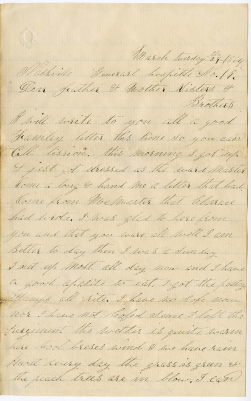 Raycide Mosher to Mosher family, 1864-03-29 | Raycide Mosher Civil War ...